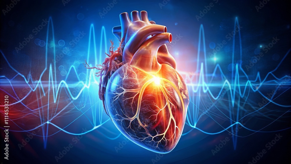 Cardiac Rhythm Anatomical Heart with EKG Waveforms Stock Illustration ...