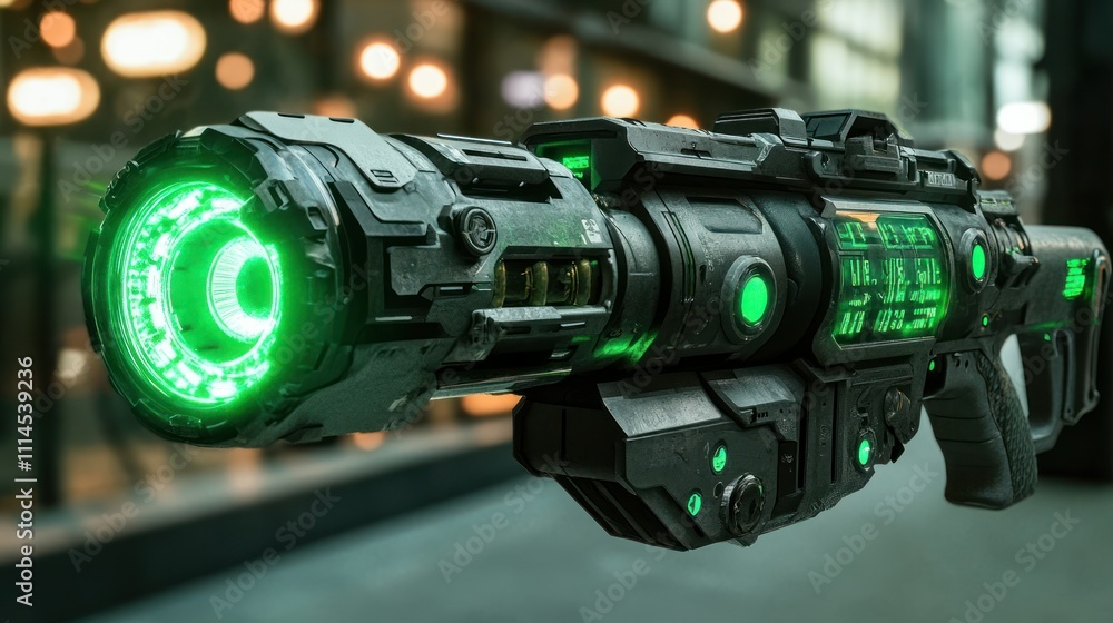 Large grenade launcher with green energy light and digital targeting ...
