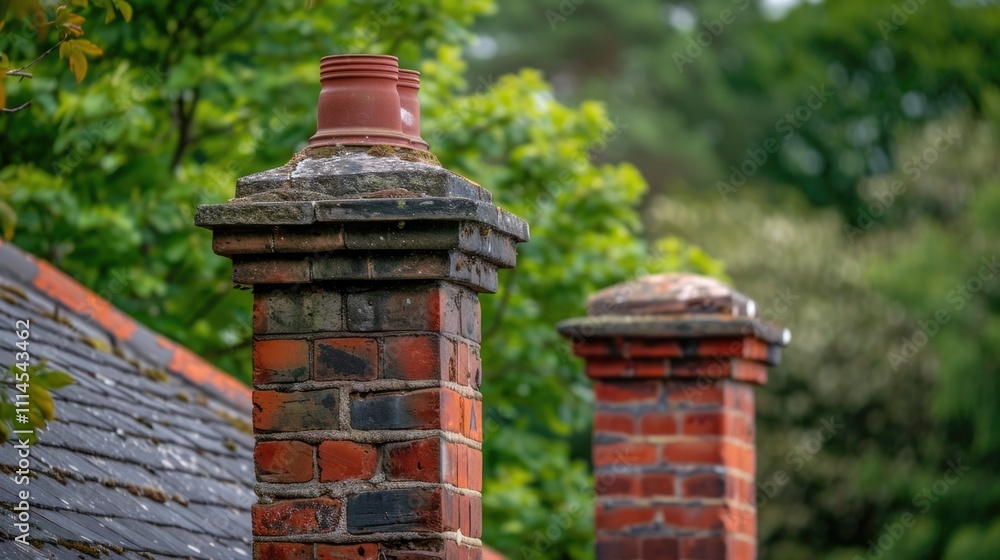 Old Chimney. Red Brick Victorian Chimney Stack on Slate Roofed Building ...