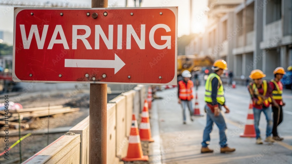 Construction workers in action at job site with warning sign urban ...