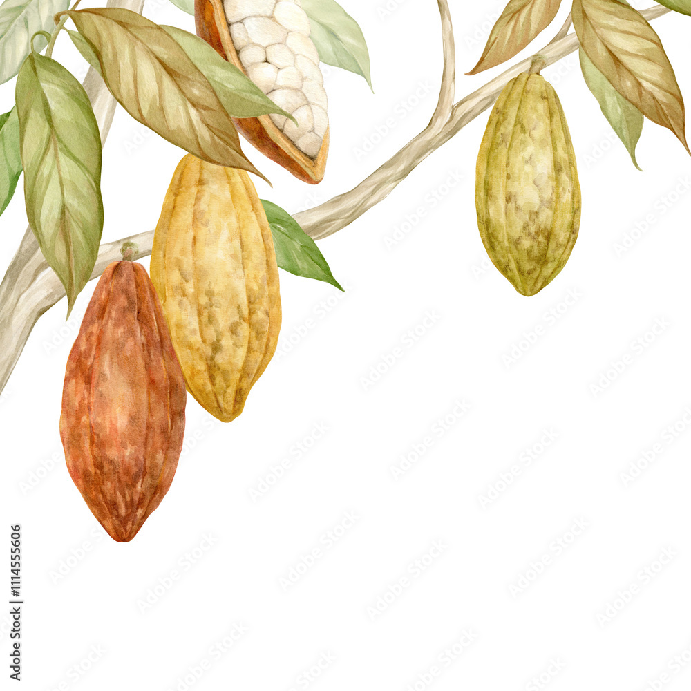 Various coco beans on branches watercolor illustration hand drawn and ...