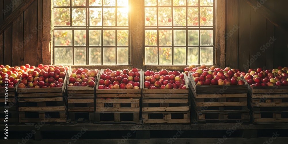 Rows of apples packed into wooden crates, stacked neatly in a rustic ...
