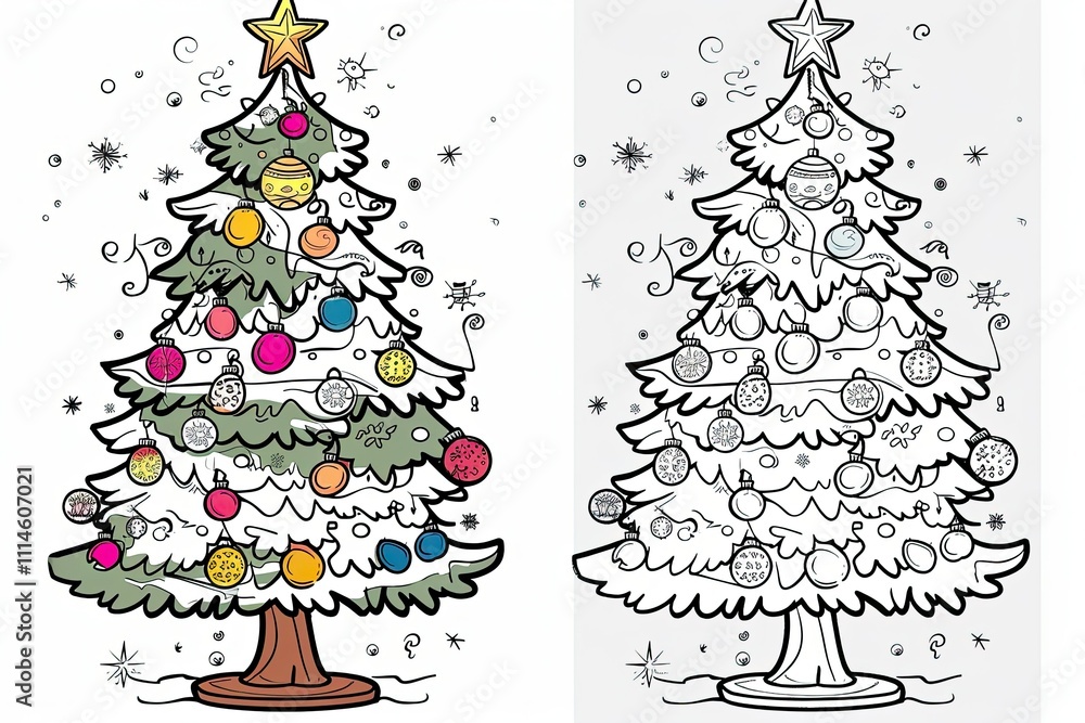 Black-and-white Christmas coloring page and its vibrant colored version ...