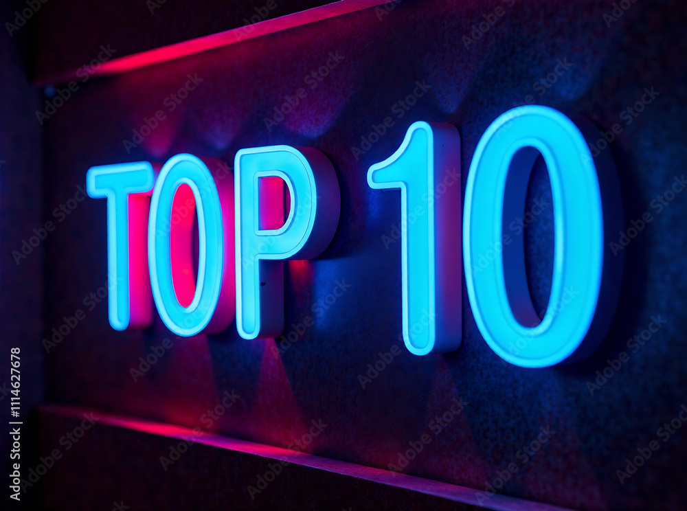 glowing "TOP 10" neon sign shines brightly on a back wall, creating a ...