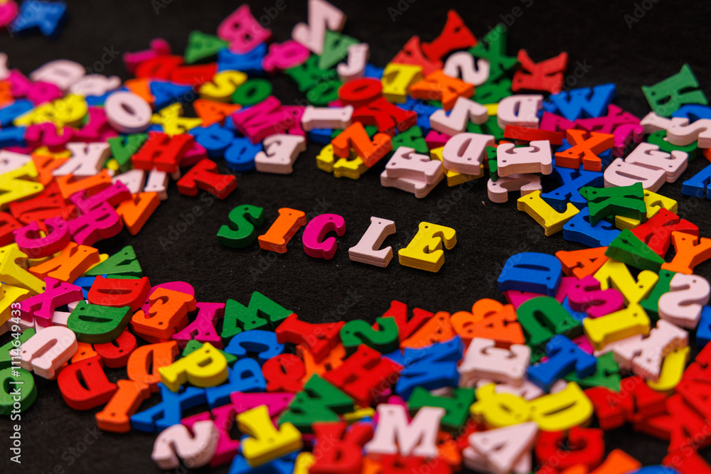 Colorful Wooden Letters Spelling "SICLE" on a Black Background for a ...