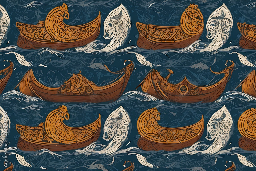 Iconic Viking longships depicted braving stormy seas under a dramatic ...