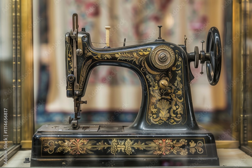 Vintage sewing machine in a rustic workshop displaying intricate floral ...