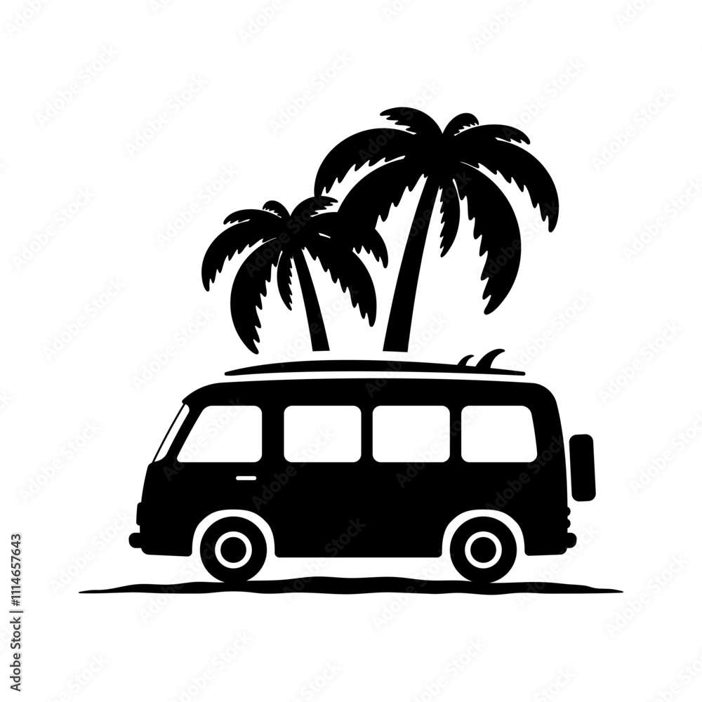 Minibus, surfboard and palm trees icon. Camper, minivan. Black ...