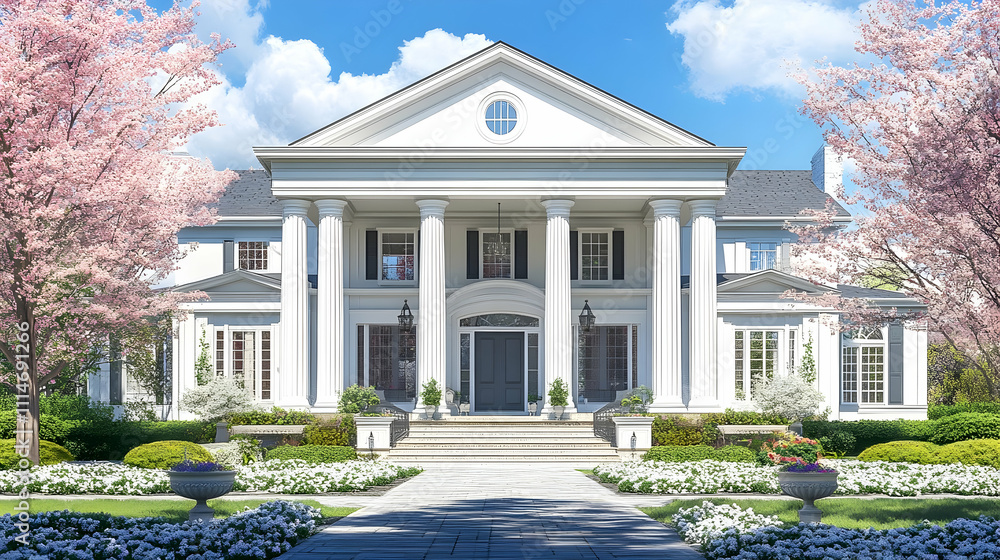 Antebellum Plantation House with Two-Story Columns and Magnolia Trees ...