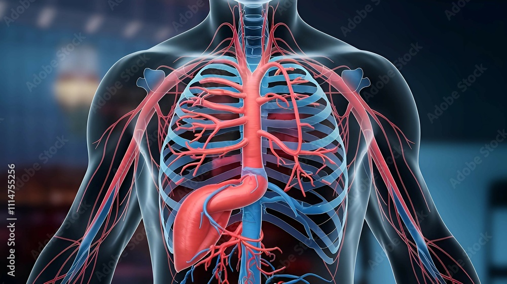 human body anatomy showing veins and arteries with medical illustration ...
