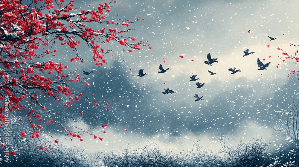A winter scene with heavy snow falling, a flock of wild geese flying ...