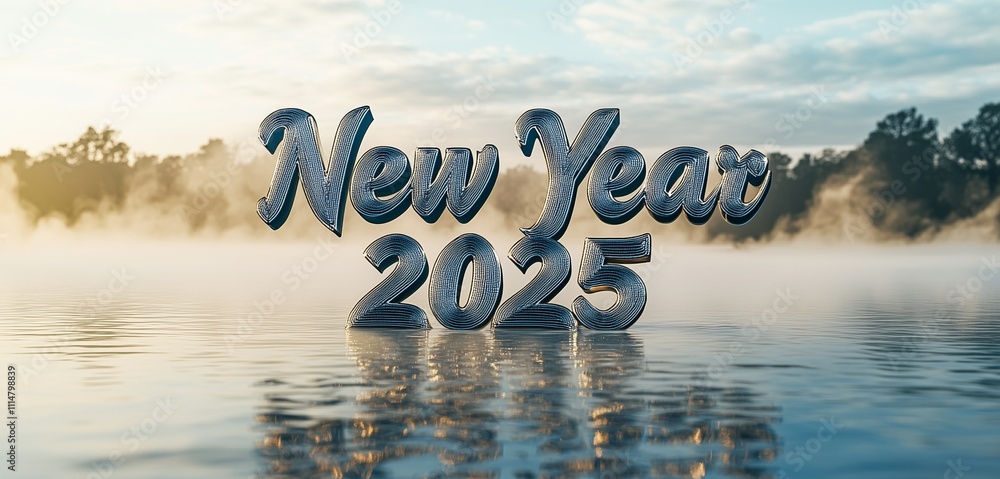 Titanium Metal Script New Year 2025 Floating Above a Misty Lake Surface Stock Photo | Adobe Stock