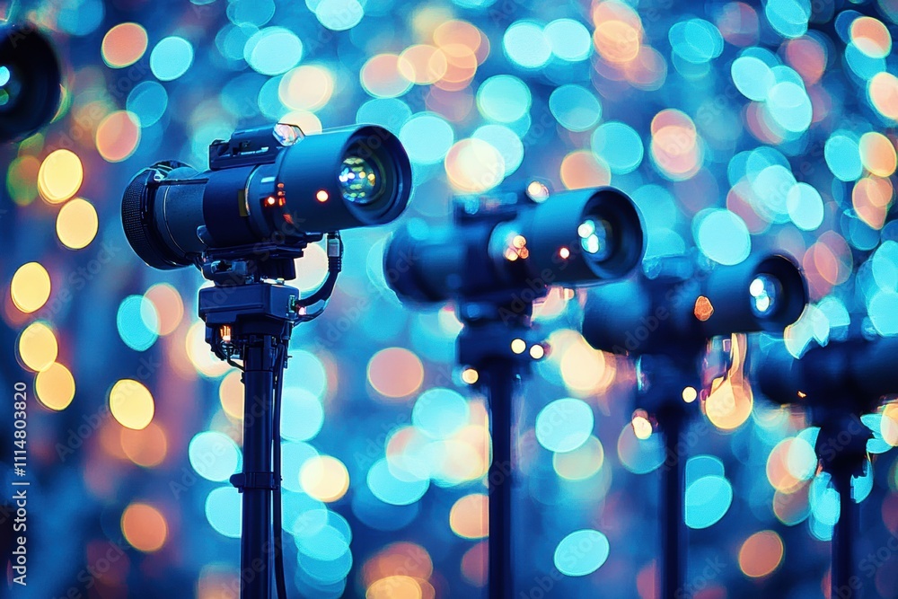 Cameras capturing vibrant lights at an outdoor event nighttime ...