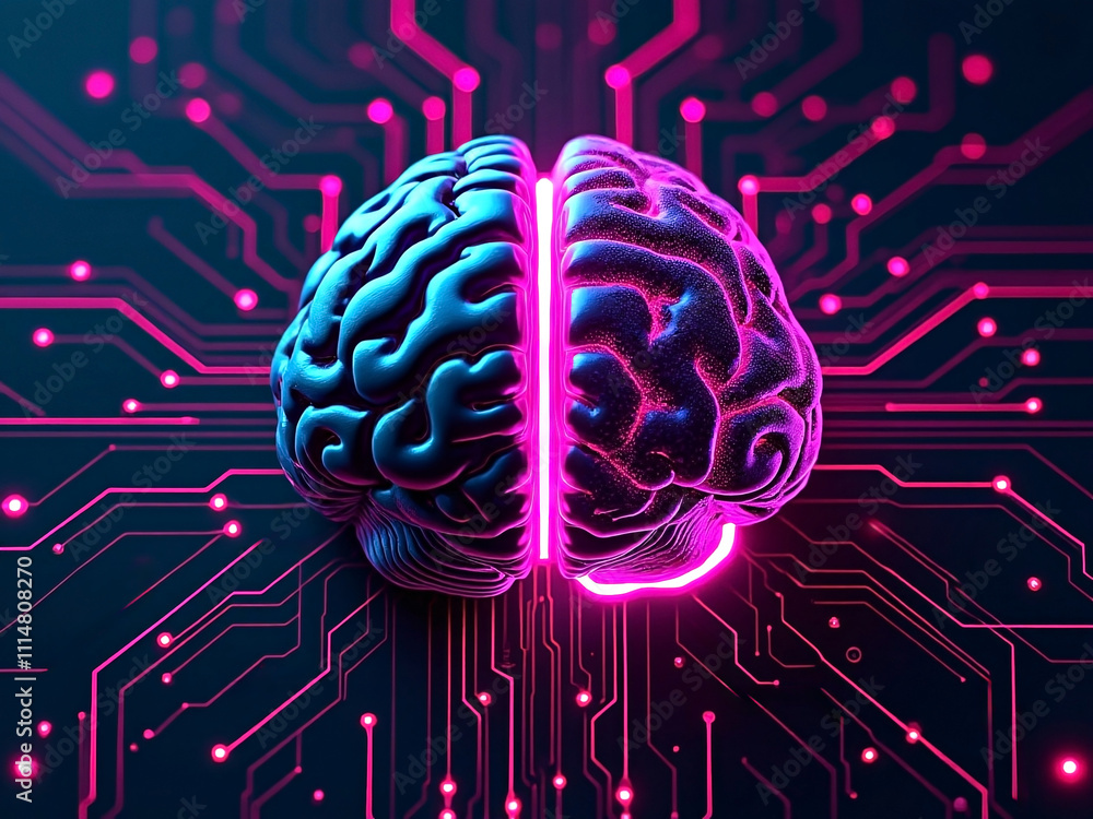Brain Split Into Two Halves With Circuit Board And Glowing Neon Pink Light Representing The