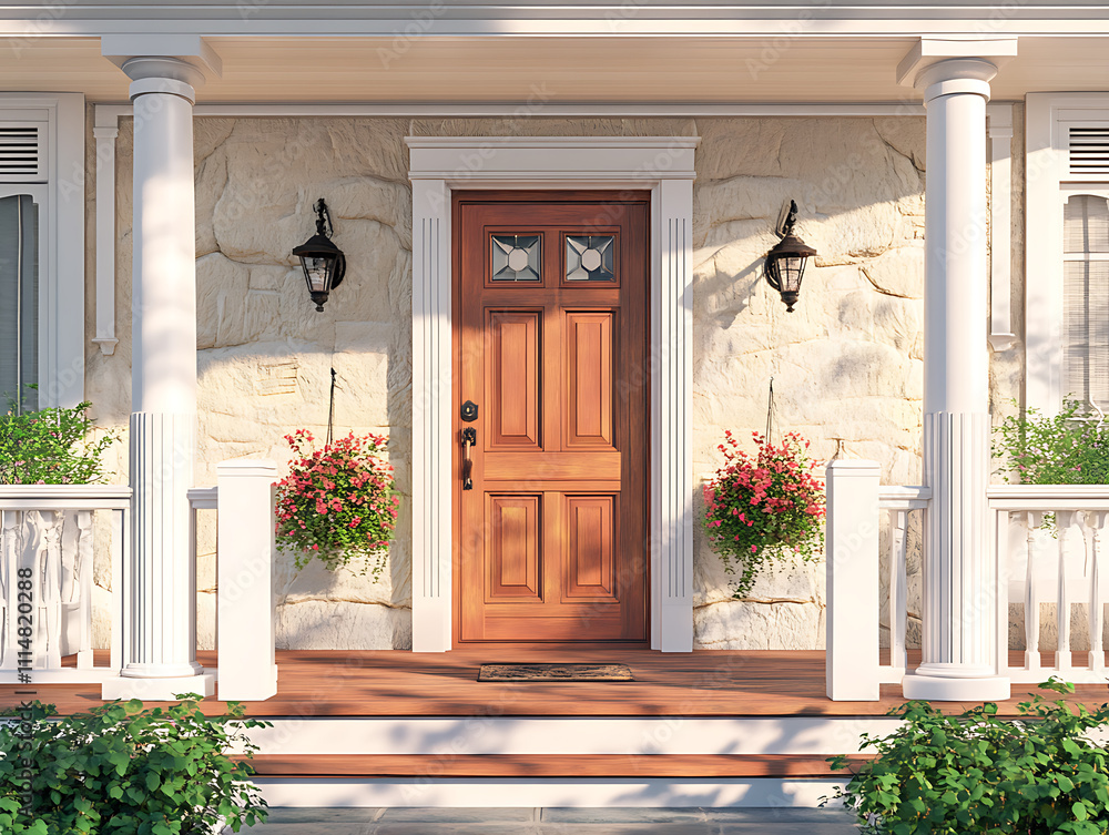 Main entrance door in house, wooden front door with gabled porch and ...