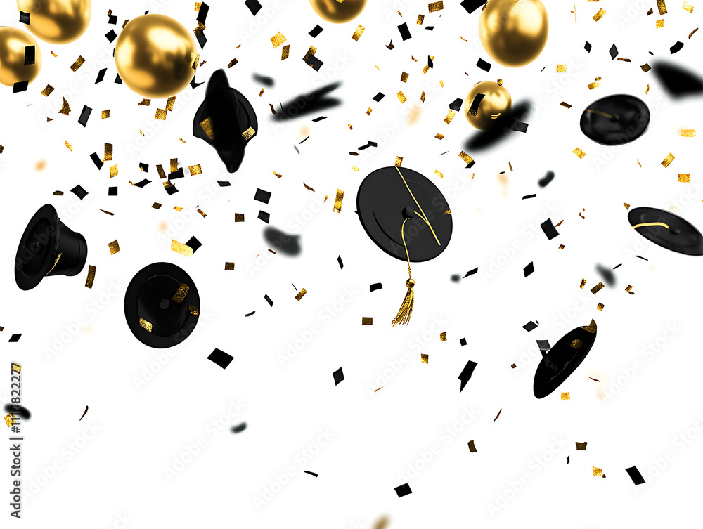 Falling black and gold graduation caps background with confetti and ...