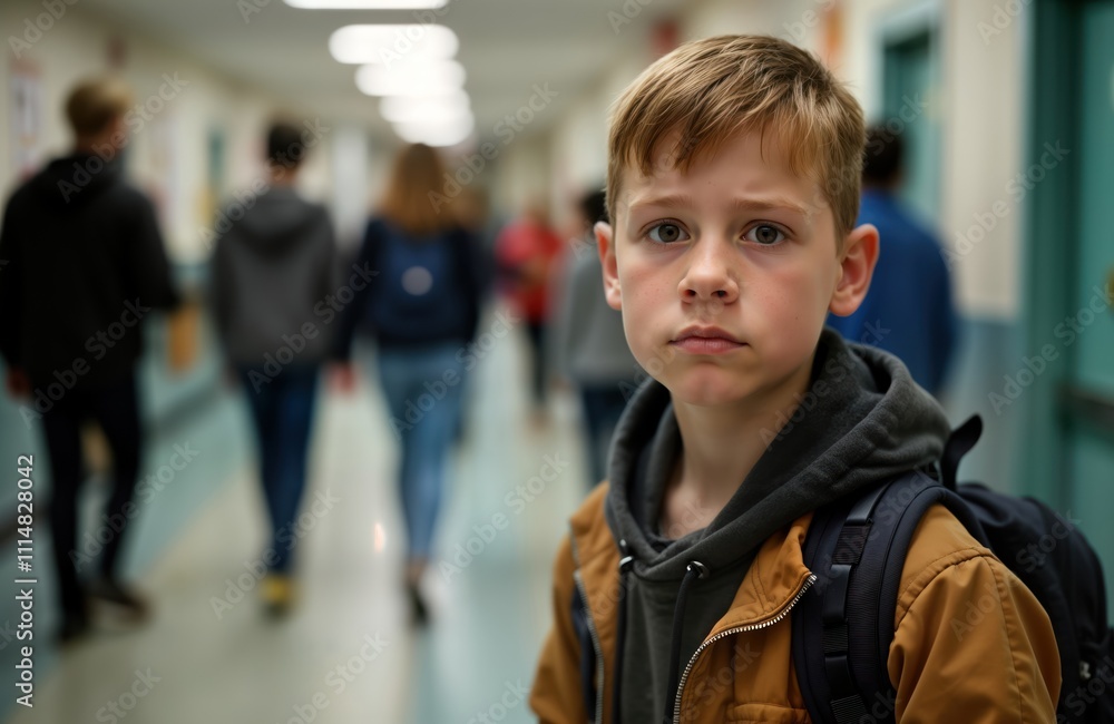 Sad young boy stands in school hallway. Looks serious, alone. Students ...