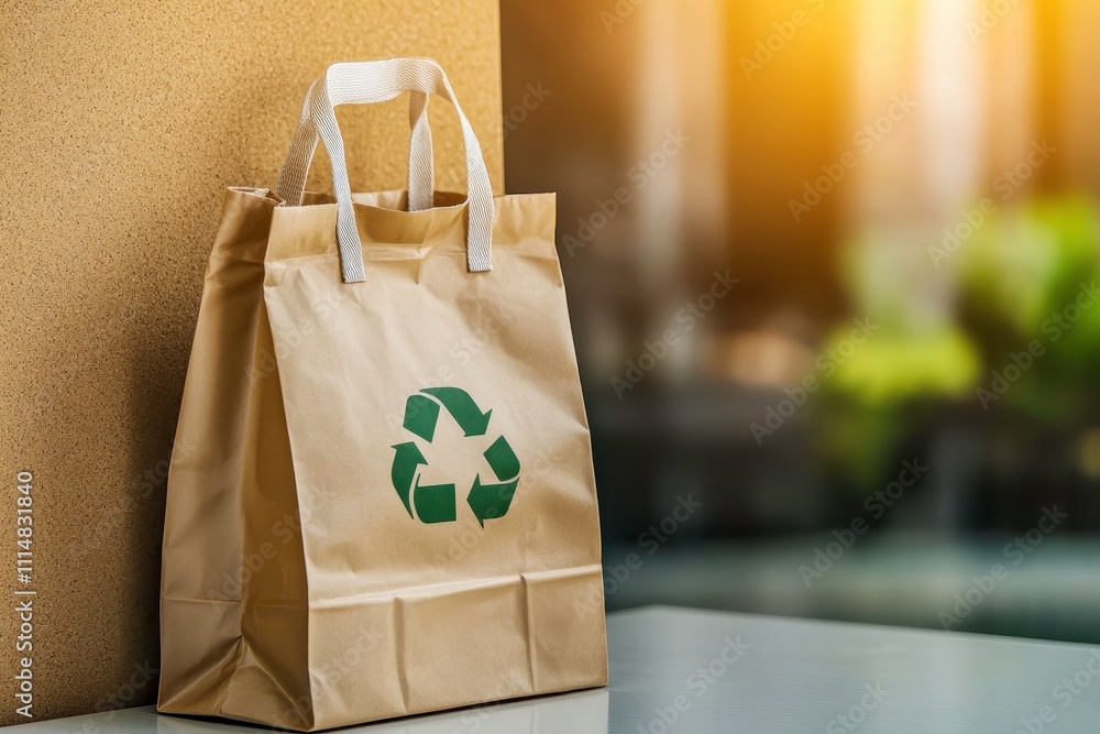 Eco-Friendly Paper Bag with Recycling Symbol, Sustainable Shopping Concept, Environmentally ...