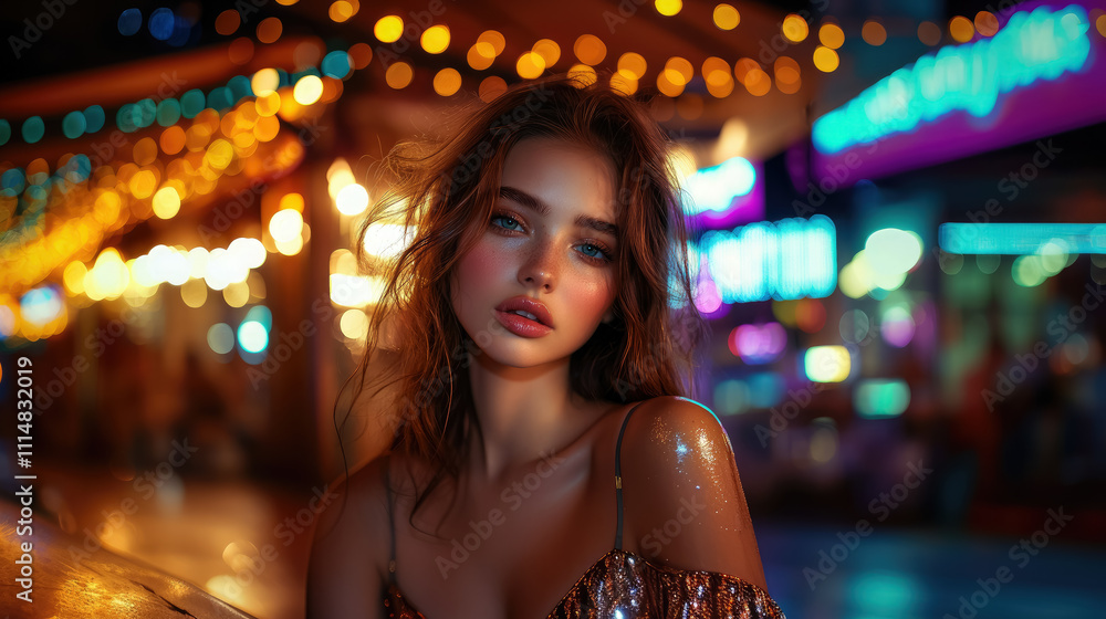 Sexy young woman with plump lips and languid look in shiny top on night ...