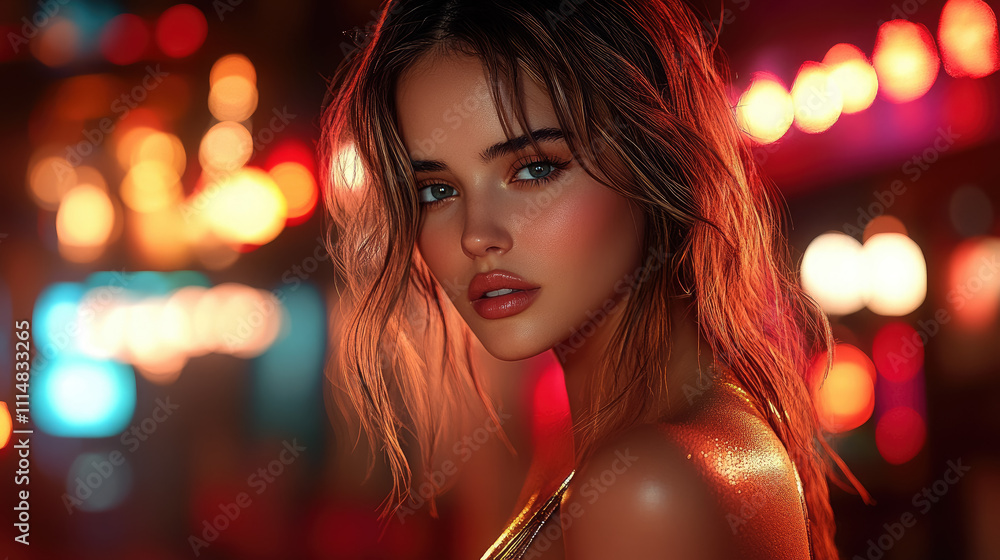 Sexy young woman with plump lips and languid look in shiny top on night ...