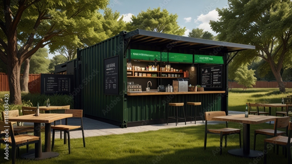 Outdoor cafe, shipping container conversion, park setting, coffee shop ...