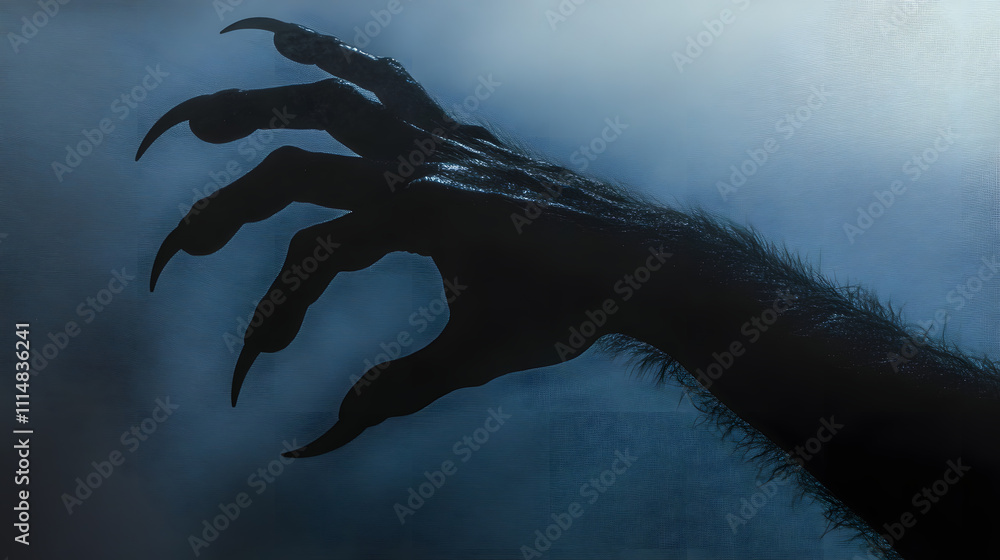 Shade of werewolf hands with fur and black claws on a blue background ...