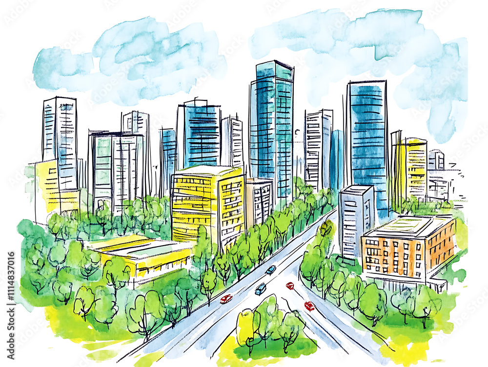 Urban planning sketch highlighting sustainable elements like green ...