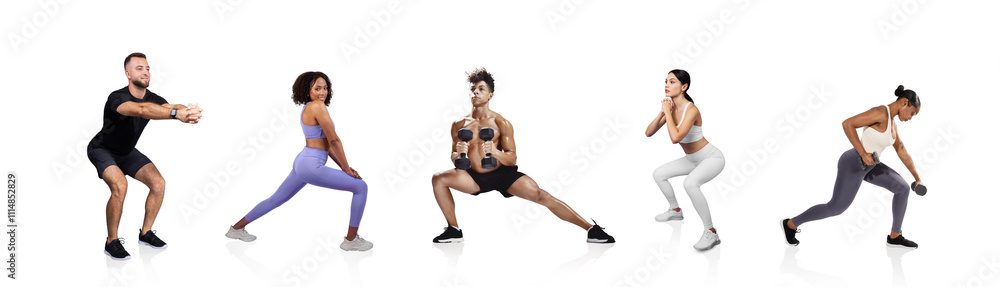 Five people are performing various strength training exercises ...