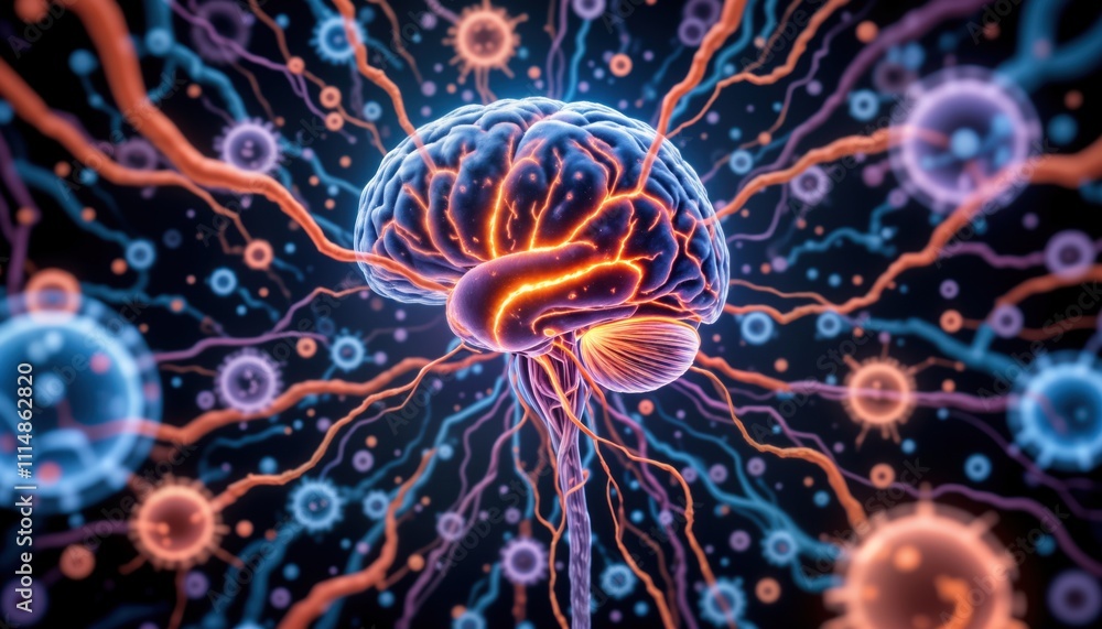3D illustration shows human brain central nervous system, nerve cells ...