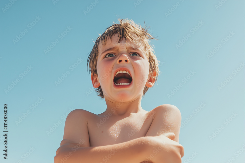 Angry shirtless boy with arms crossed, shouting dramatically against a ...