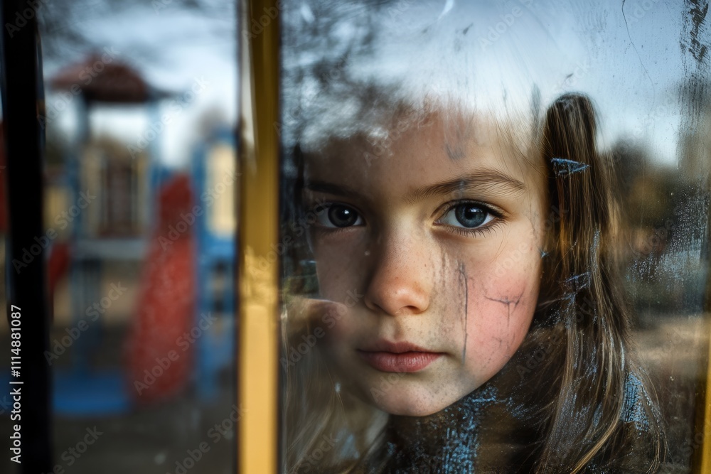 Reflection of a girl s face in a window overlooking a playground scene ...
