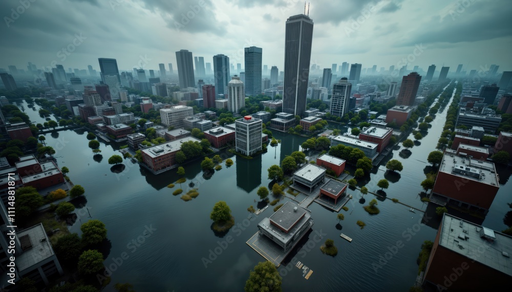 City flooded with water. Buildings islands. Serious eco issue. High ...
