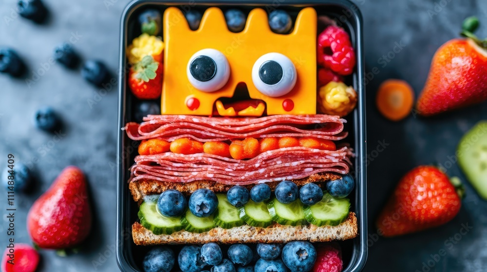 Fun and Colorful Character Bento Box with Fresh Fruits and Vegetables ...