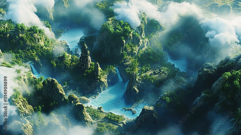 Fantasy map for a video game, featuring detailed landscapes, mythical kingdoms, enchanted ...