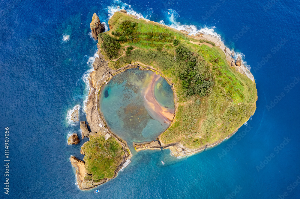 Azores aerial amazing view. Top view of Islet of Vila Franca do Campo ...