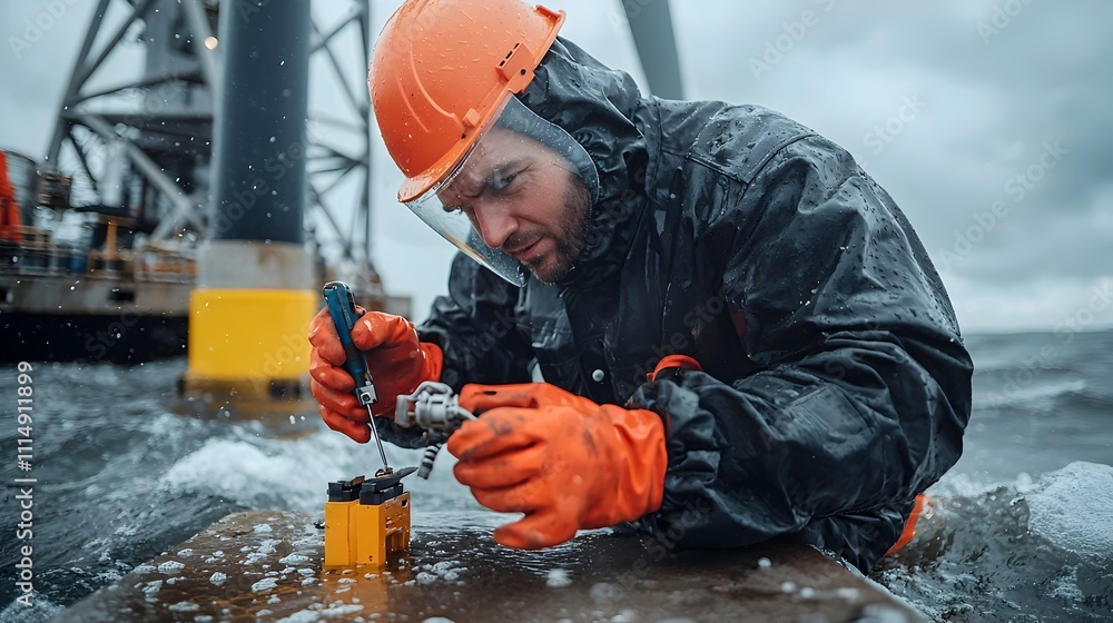 Rugged and weathered industrial engineer in protective gear inspecting ...