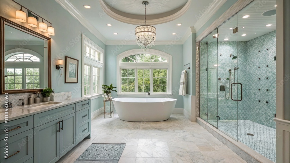 In this beautifully designed wet room a standalone tub commands ...