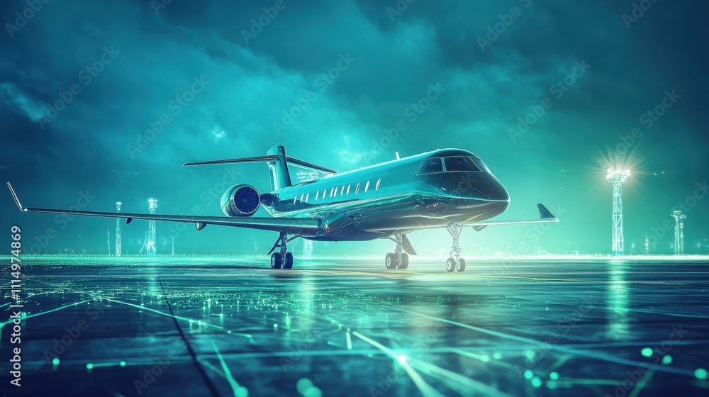 Sleek Private Jet on Tarmac Under Dramatic Night Sky with Neon Lights ...
