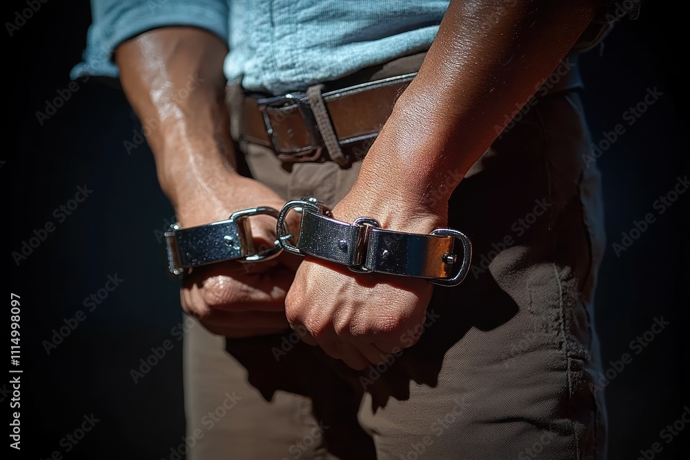 Handcuffed Man in Confinement Dramatic Scene Stock Photo | Adobe Stock