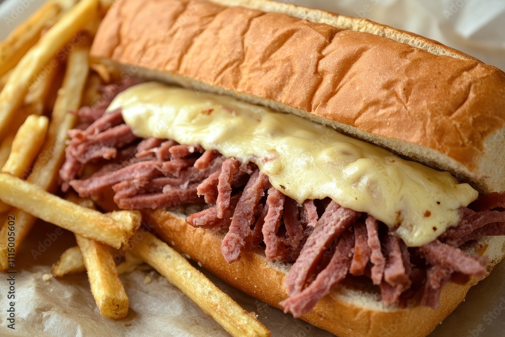 Delicious Submarine Sandwich with Shredded Meat, Melted Cheese, and ...