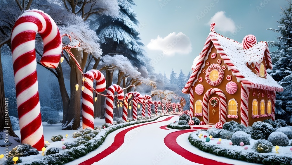 /imagine: A whimsical candy cane lane with glowing peppermint lights ...