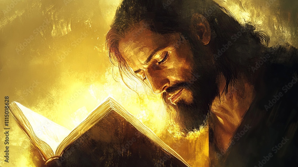 Jesus reads ancient sacred scrolls with a focused expression ...