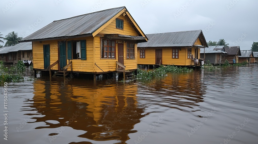 Flooded houses submerged by rising waters, illustrating the devastating ...