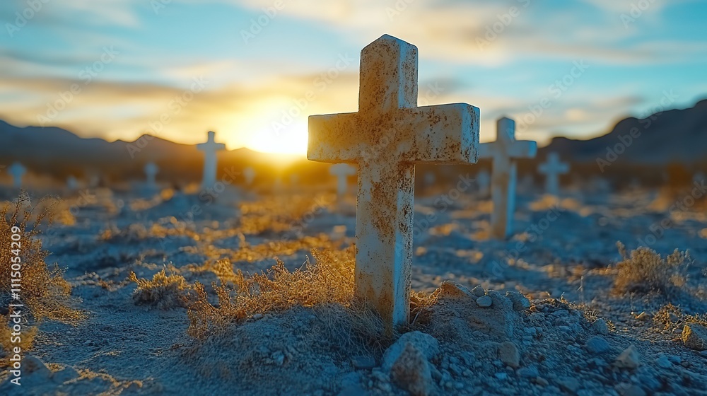 Grave crosses in a desert cemetery represent the apocalyptic impact of ...