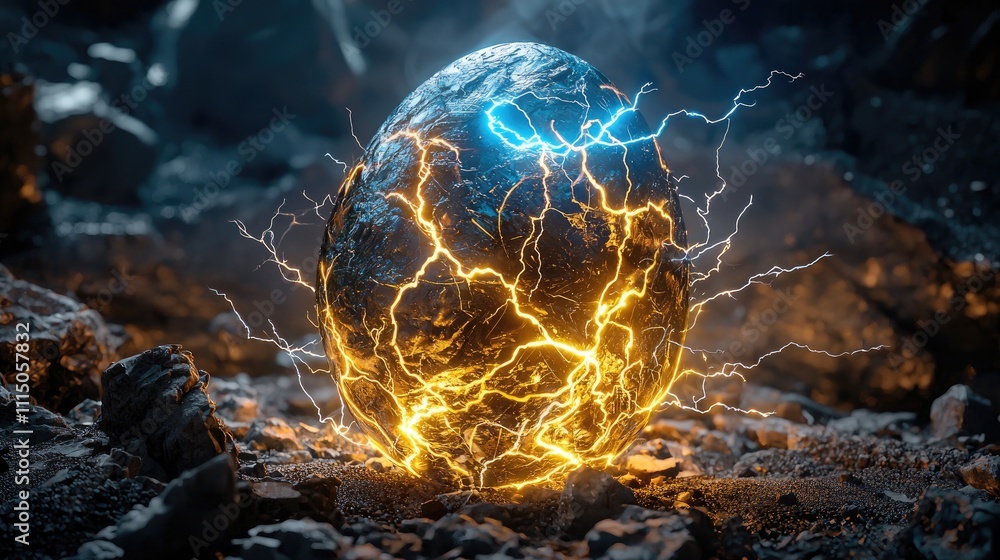 Close-up Photo: Hyperrealistic cinematic scene. A dragon egg infused with elemental lightning ...