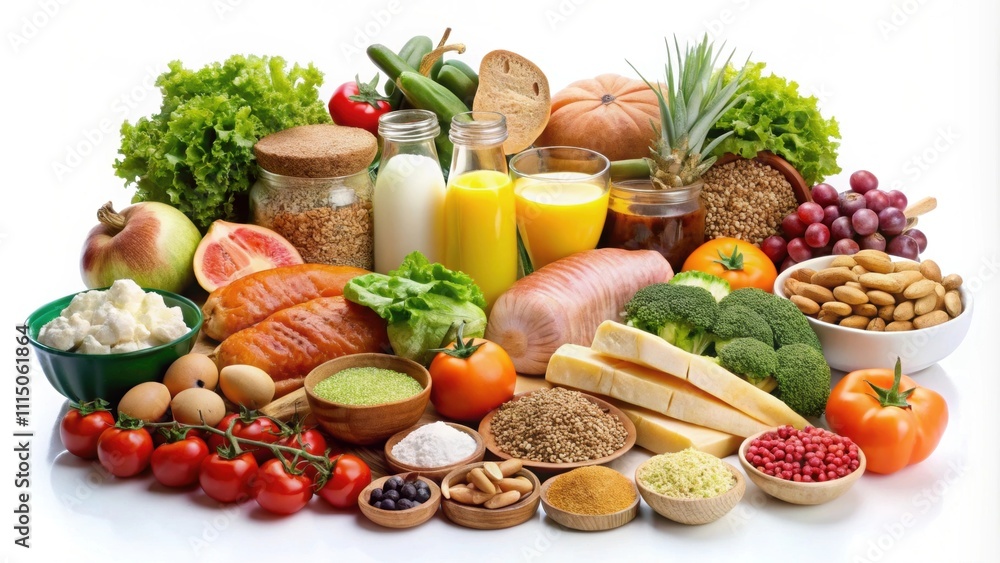 Assortment of food items representing a balanced diet , nutrition ...