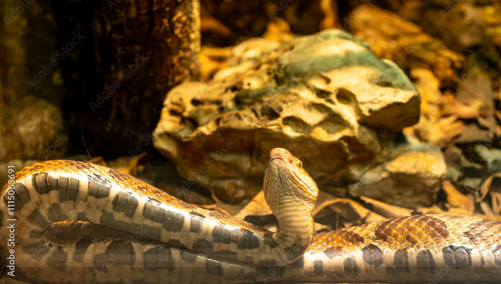 Eastern Copperhead snake in a zoo herpetarium. A venomous snake native ...