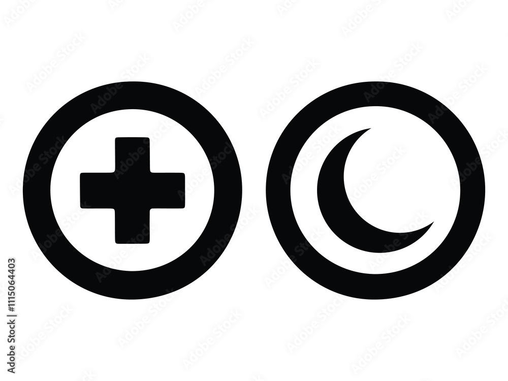Red cross and red crescent vector isolated icons. Medicine health ...