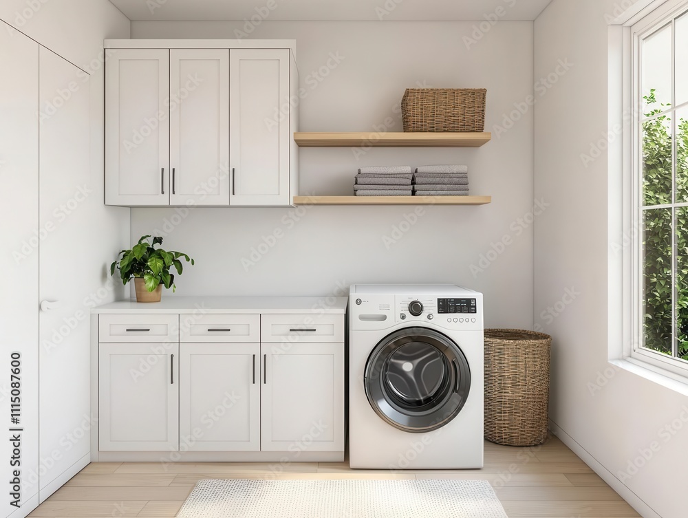 Bright laundry room with washer, wallmounted shelves, and labeled ...