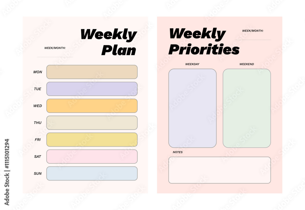 Colorful printable weekly planner template set for journaling, diary ...